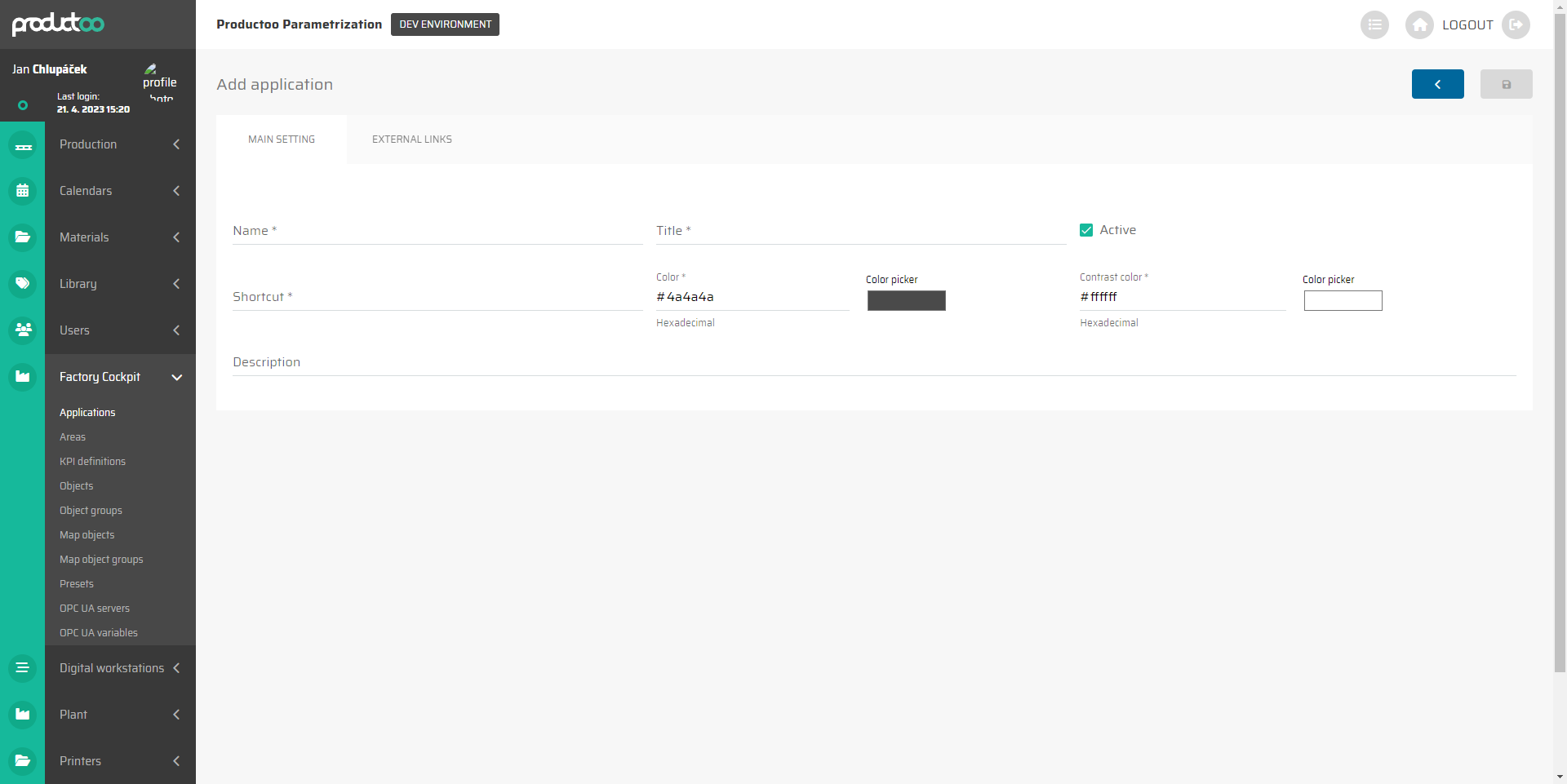 Main setting - Applications