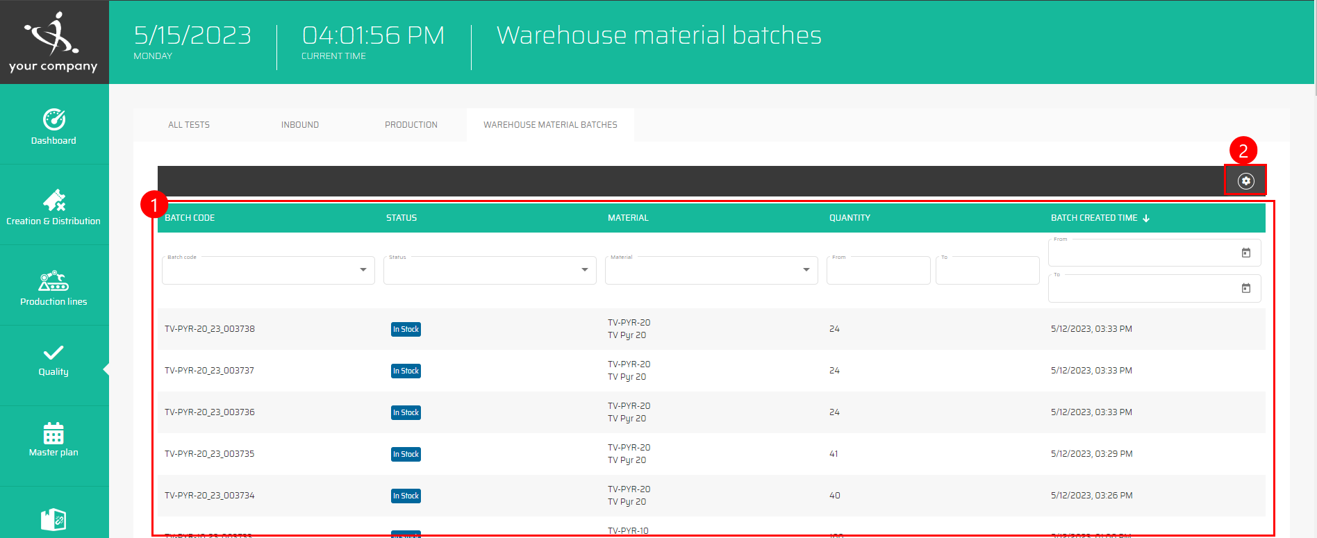 Warehouses material batches